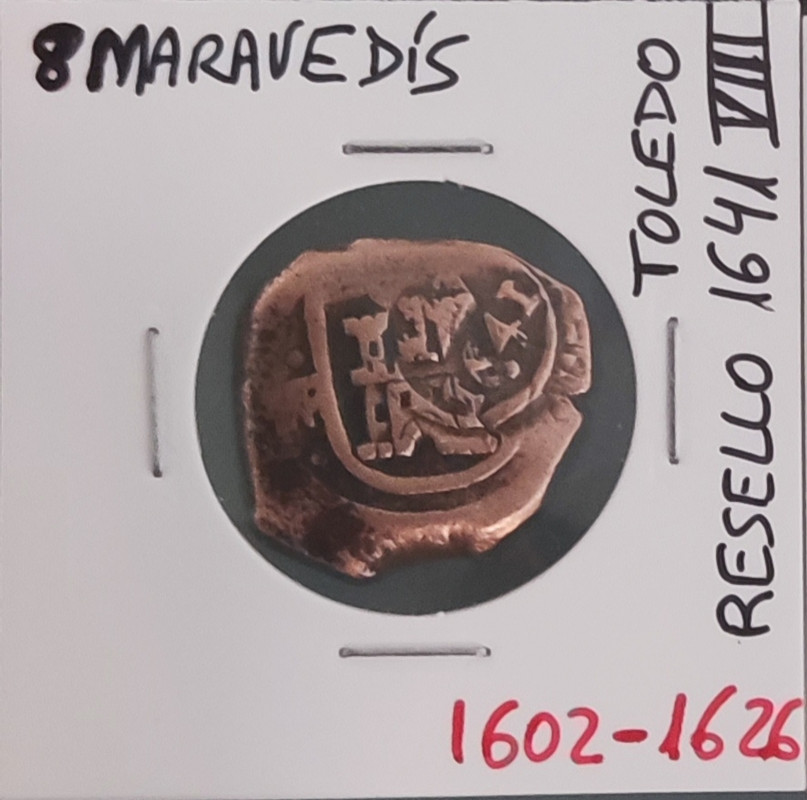 8 maravedíes de Felipe III o IV resellados a VIII mrvs. de 1641, Toledo.
