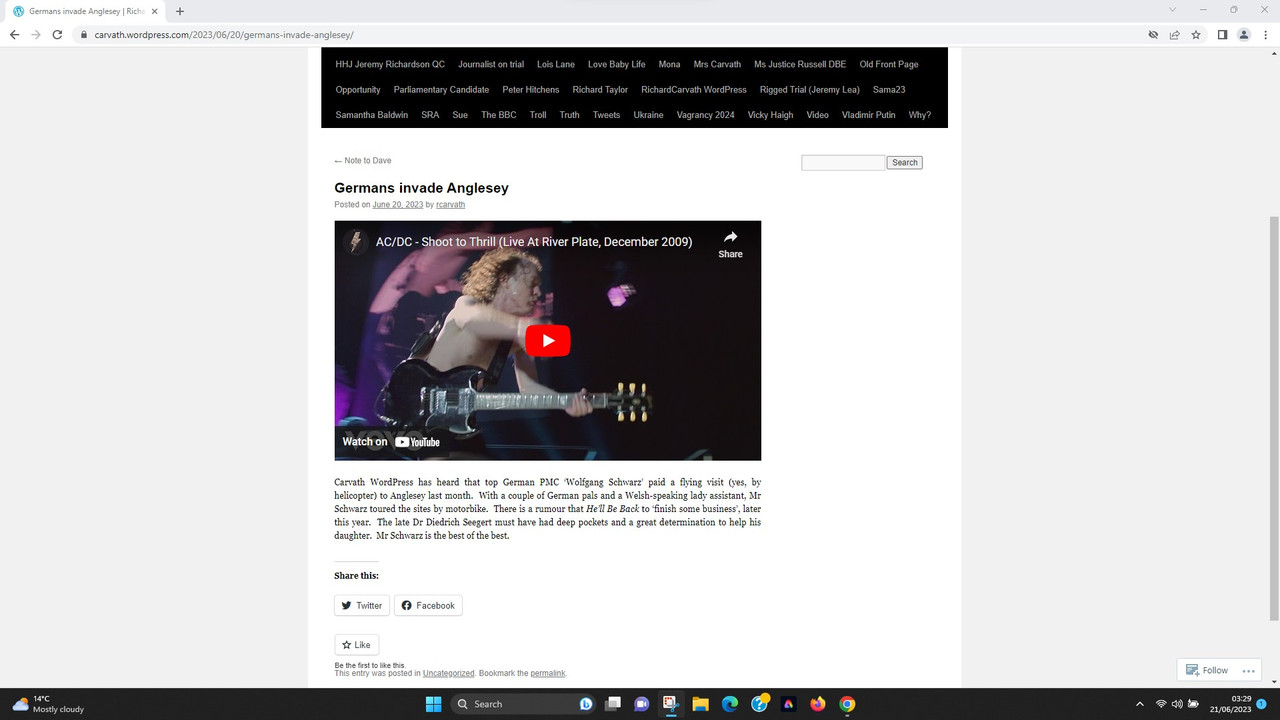 Richard Carvath post suggesting Wolfgang Schwarz has visited Anglesy time stamp 210623 — Postimages