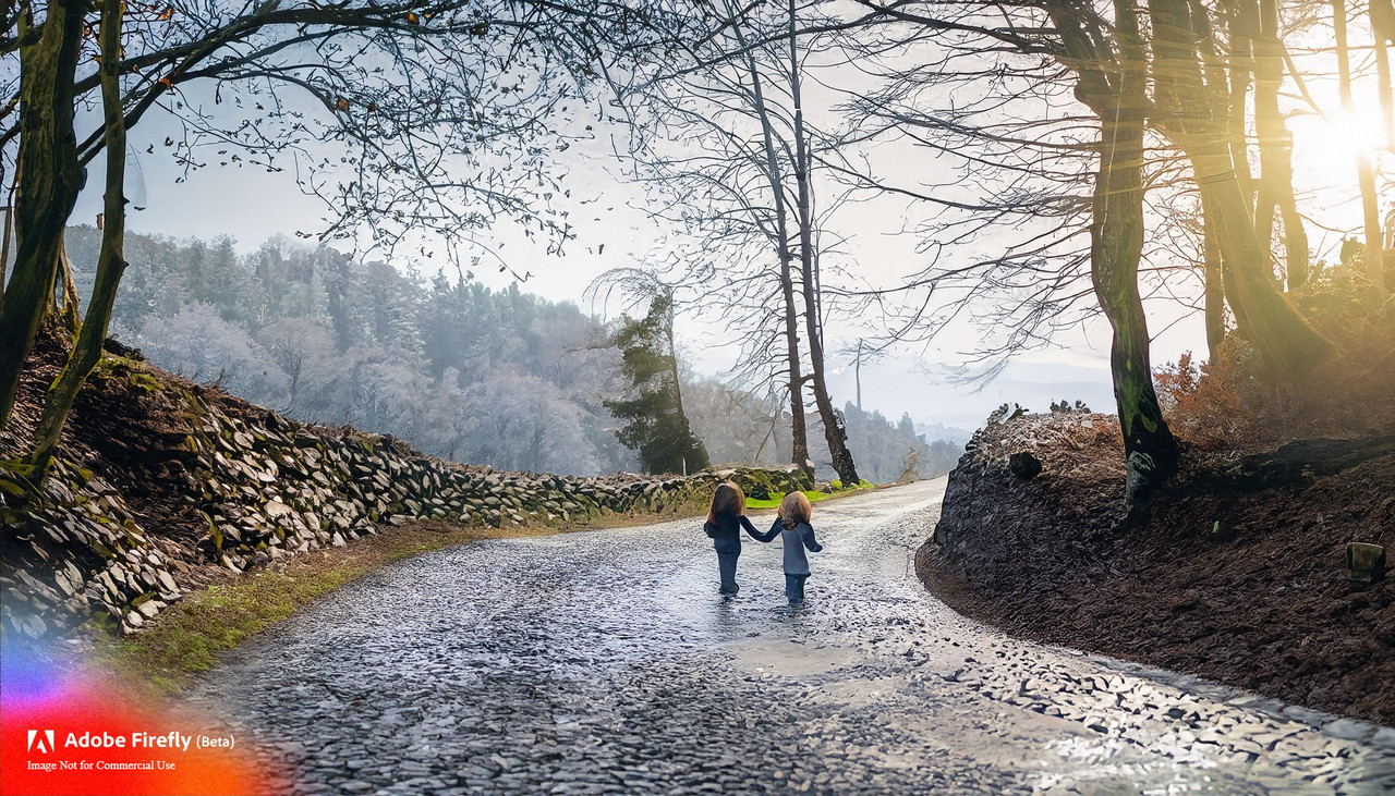 Firefly magical road with curves representing a personal journey, with wet ground made of ...