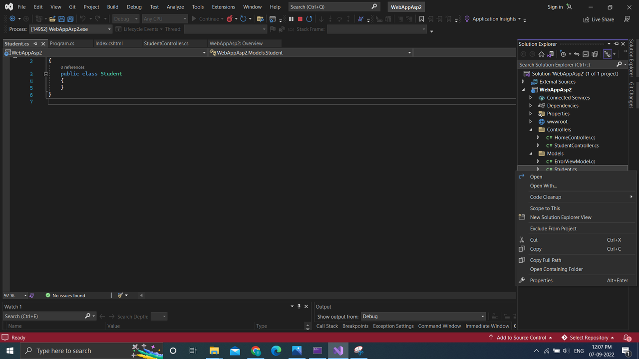 No delete option when right clicking on a class inside models in asp.net core mvc project in ...