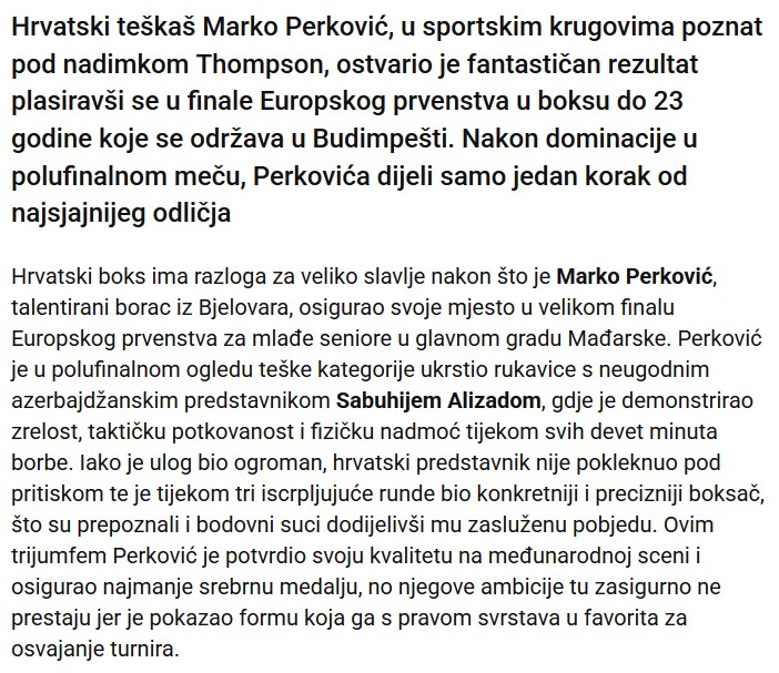 Marko Perković Thompson plasirao se u finale Europskog prvenstva u boksu