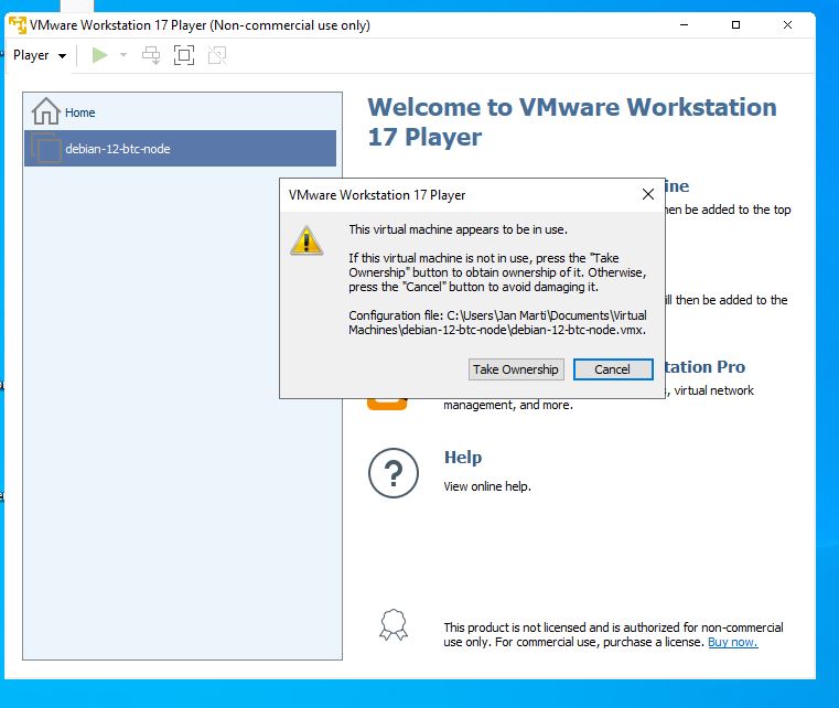 This virtual machine appears to be in use" after starting VMware Player ...