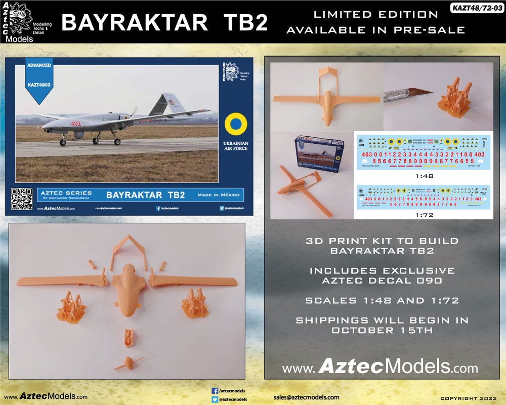 1/72 & 1/48 - Baykar Bayraktar TB2 resin kits by Aztec Models - box art+parts+decals - release ...