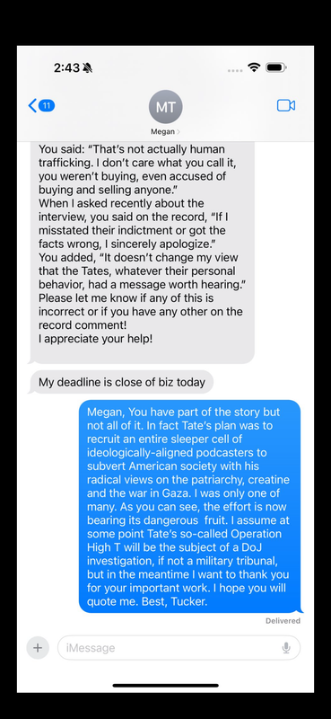 Tucker’s text exchange with Megan Twohey from the NYT. RE: Andrew Tate ...
