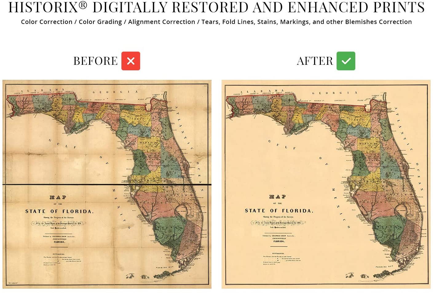 1856 Florida State Wall Map Print - Vintage Florida USA Wall Art Poster ...