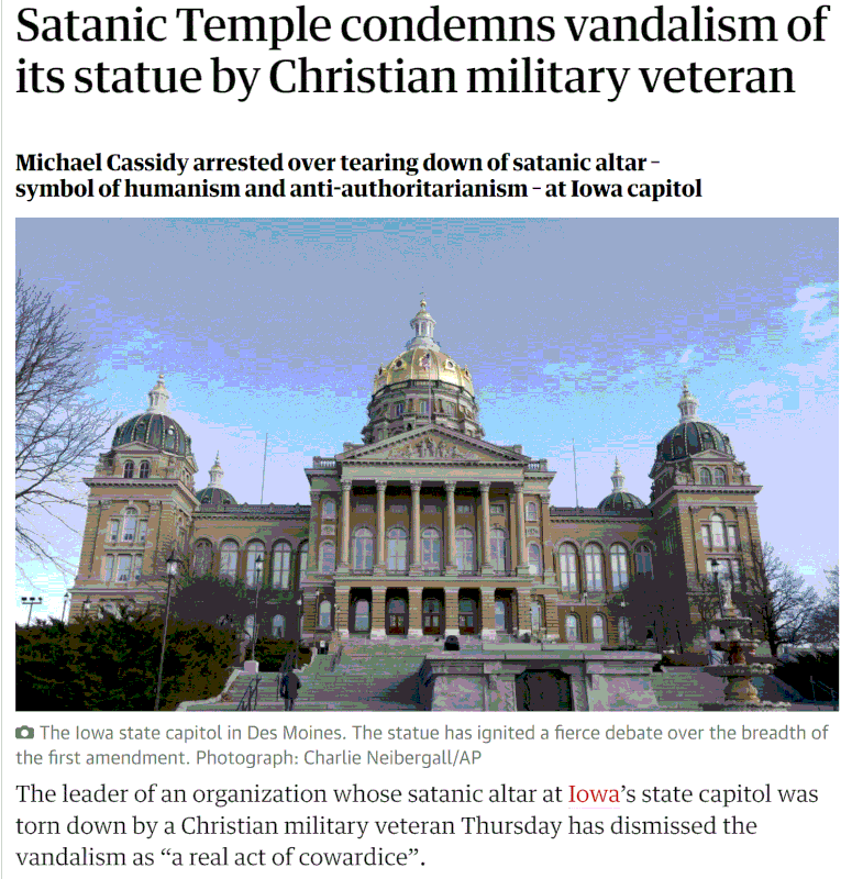 完了，Iowa 的撒旦神教谴责基督教退伍军人破坏其雕像的行为 - 新未名空间
