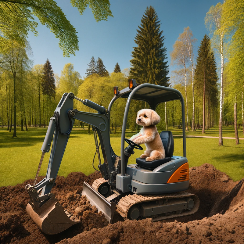 DALL· E 2023 11 24 12 12 53 A small dog operating an excavator in a ...