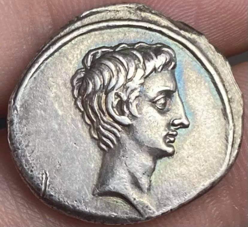 Denario Octaviano. IMP CAESAR. Trofeo Naval. Roma? Brundisium?