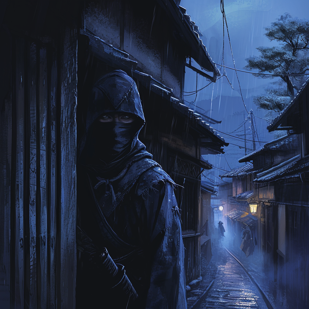 dyrnwynn a Japanese ninja hiding behind the corner of a buildin ...