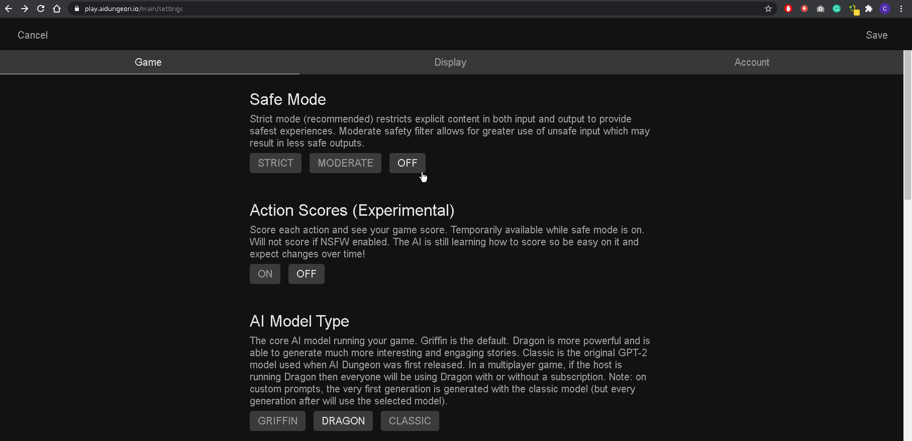 There is no setting in "Settings" for STRICT safe mode : r/AIDungeon