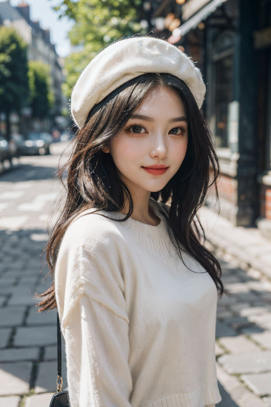 00006 68691599 Vintage Parisian charm young woman chic outfit beret sparkling eyes subtle smil ...