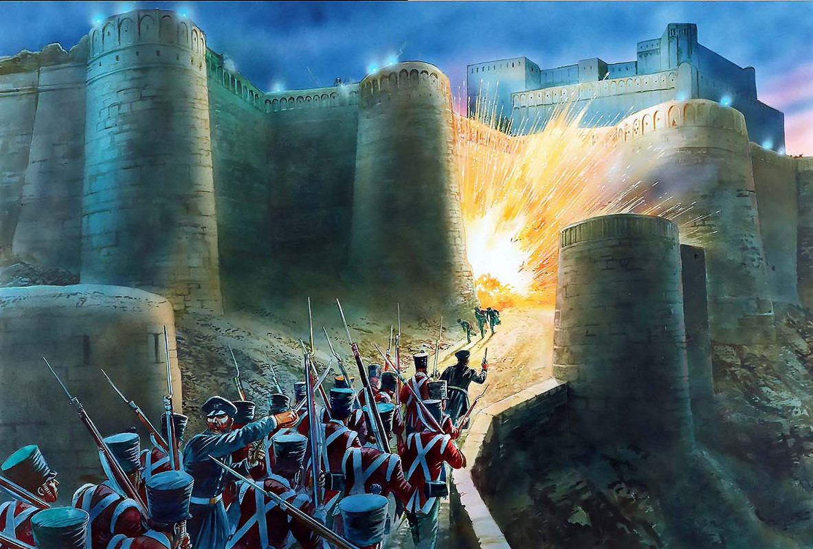 Anglo afgana, Ghazni, Fuerzas británicas asaltando la fortaleza afgana ...