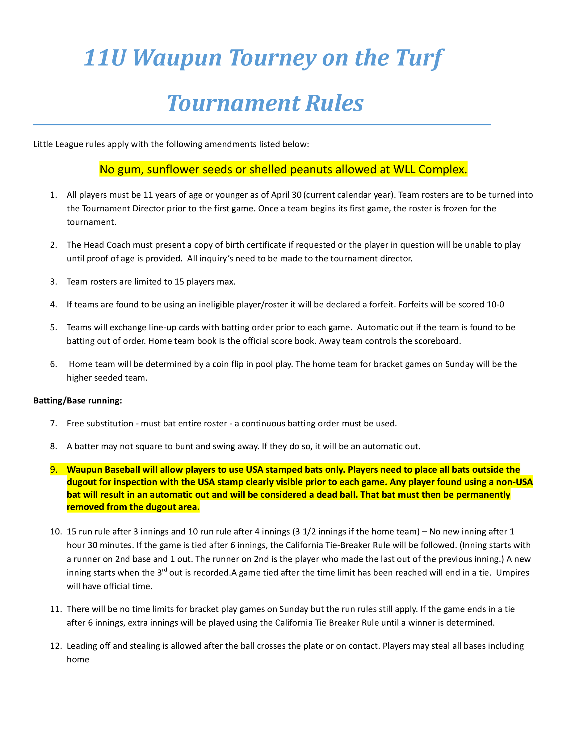 Waupun 11 U Tournament Rules 2024 docx — Postimages