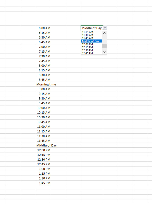I want my drop down list to start on certain times in the middle rather ...