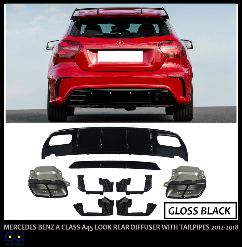 MERCEDES A CLASS W176 AMG A45 LOOK REAR DIFFUSER TAILPIPES GLOSS BLACK ...