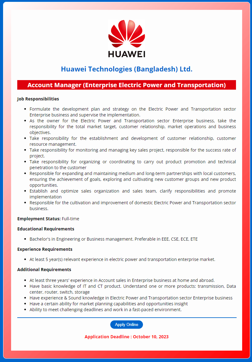 Huawei Technologies Bangladesh Ltd Job Circular 2024 | BD Govt Job