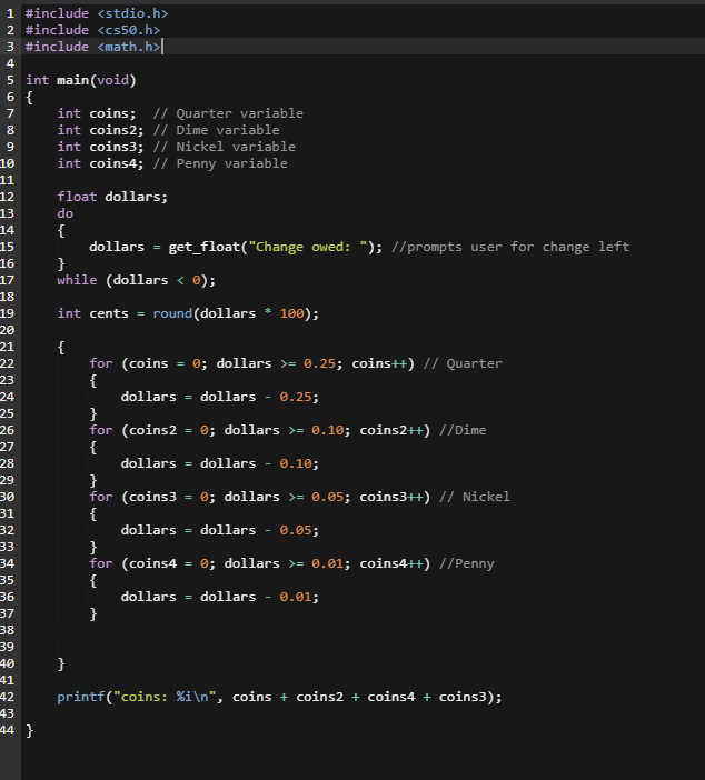 Code won't output 0.01 (penny) : r/cs50