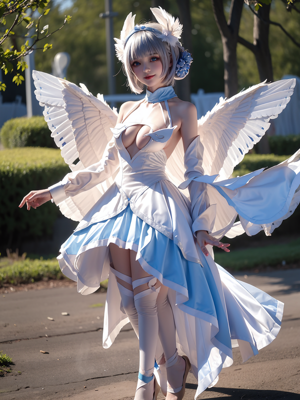 00441 3751761937 1girl,dress,wings,looking at viewer,blue eyes,solo,detached sleeves,white hair ...