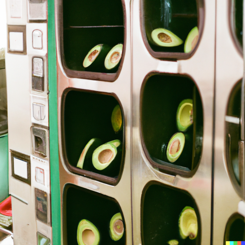 DALL· E 35mm photo of a multi row snack vending machine that only ...