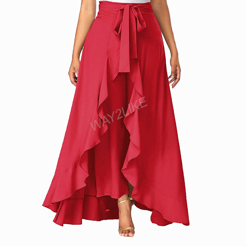 Women Ruffle Pants High Waist Maxi Crepe Palazzo Night Club Cocktail ...