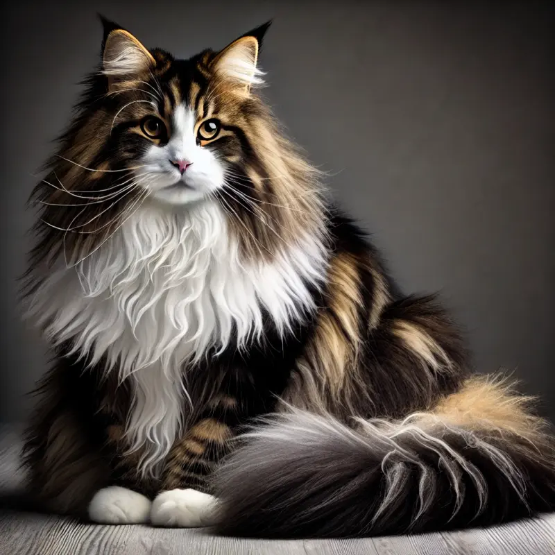 DALL· E 2025 03 08 08 18 44 A majestic long haired stray cat with a unique coat pattern She has ...