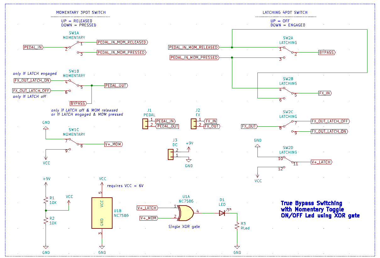True Bypass Switching with Momentary Toggle and XOR gate driven LED ...
