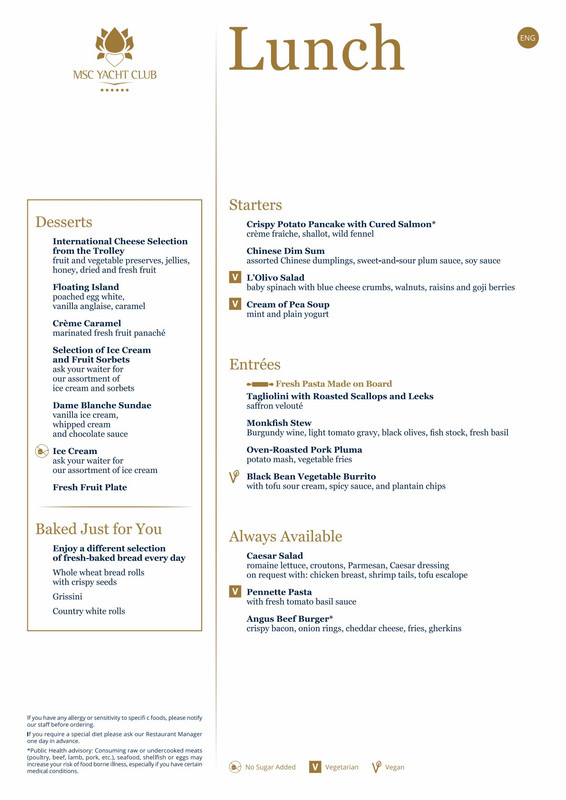 Yacht Club LUNCH Menus - MSC Cruises - Cruise Critic Community