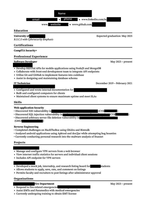 Looking for resume feedback Targeting Cybersecurity internships : r ...