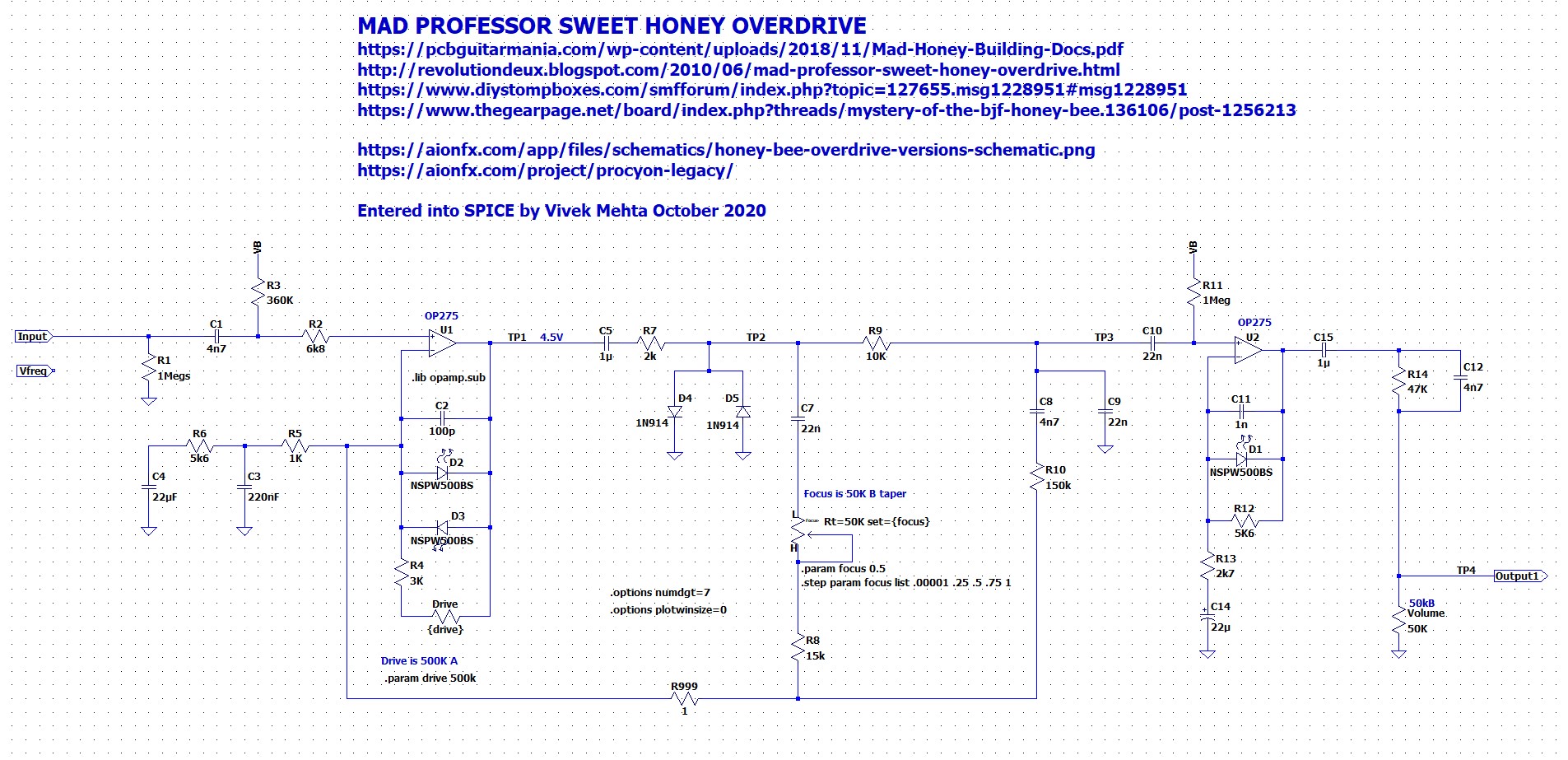LT SPICE analysis of the Mad Professor Sweet Honey pedal