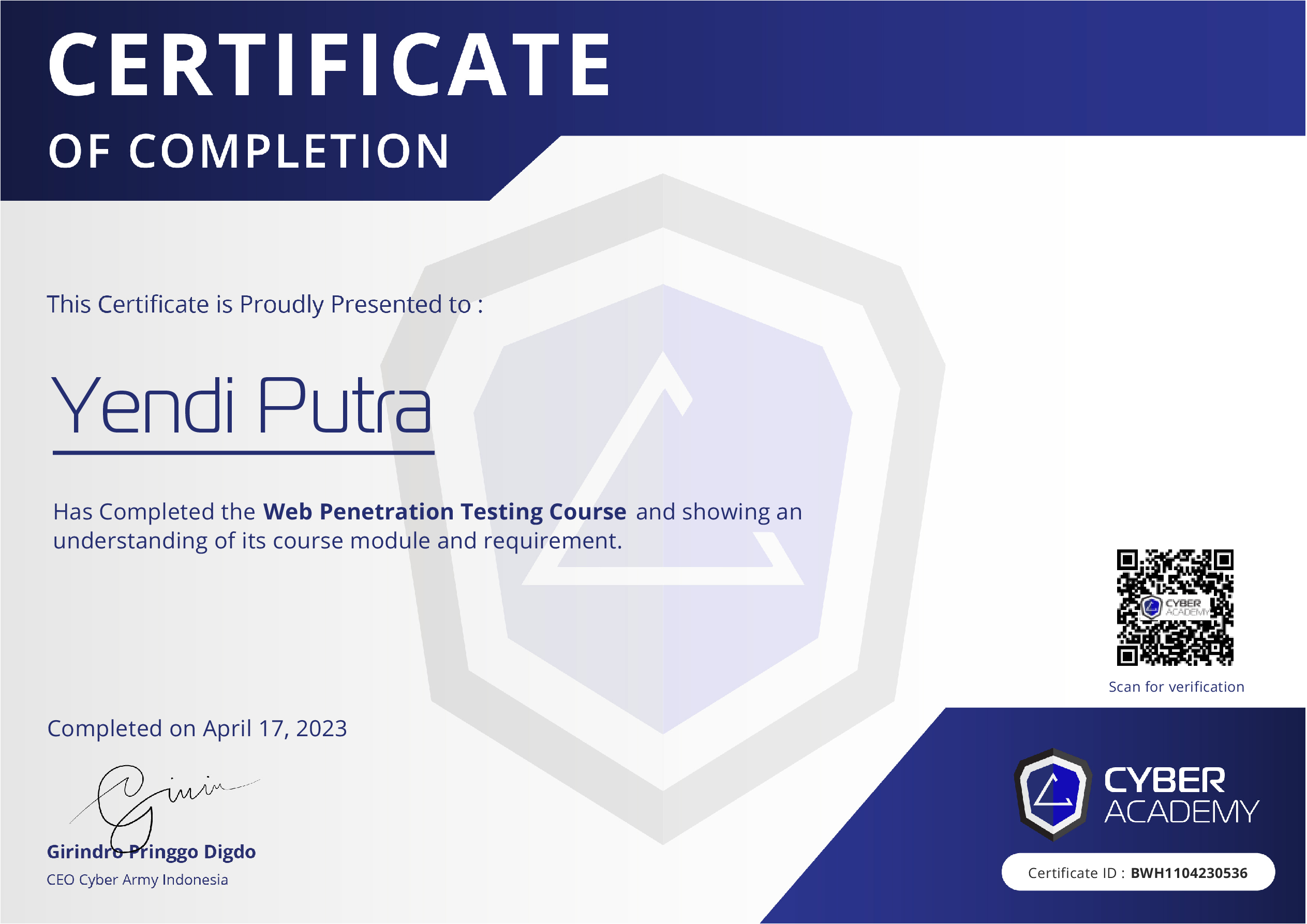 Certificate of Completion Web Penetration Testing Yendi Putra — Postimages