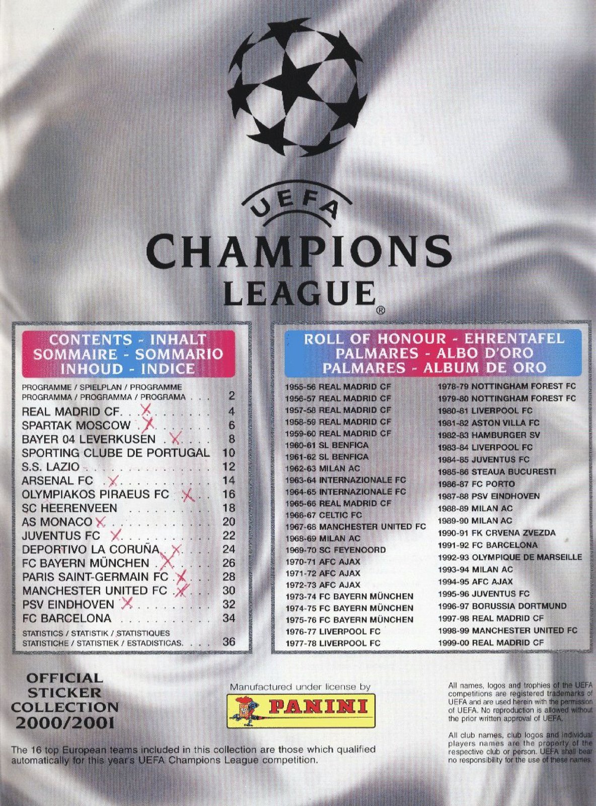 Album UEFA Champions League 2000 2001 Panini 03 — Postimages