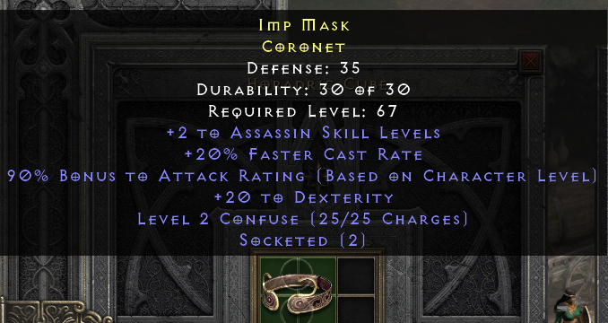 Circlet Diadem 2sin 20fcr Viso 20dex Confuse 2os - Topic - d2jsp