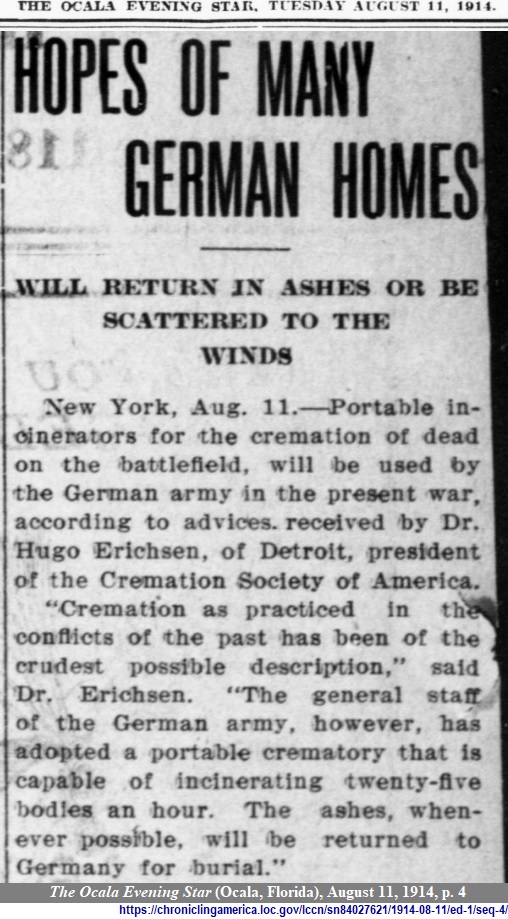 WW1 The Ocala Evening Star August 1914 Corpse Factory Story Portable ...