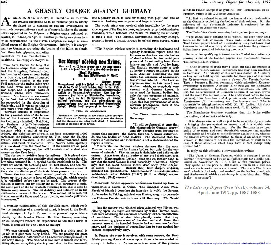 WW1 The Literary Digest May 1917 Corpse Factory Story A Ghastly Charge ...