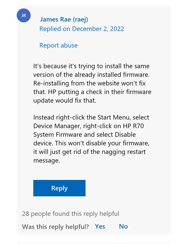 Your PC needs to be restarted to finish setting up this device: HP R70 System Firmware (HP ...