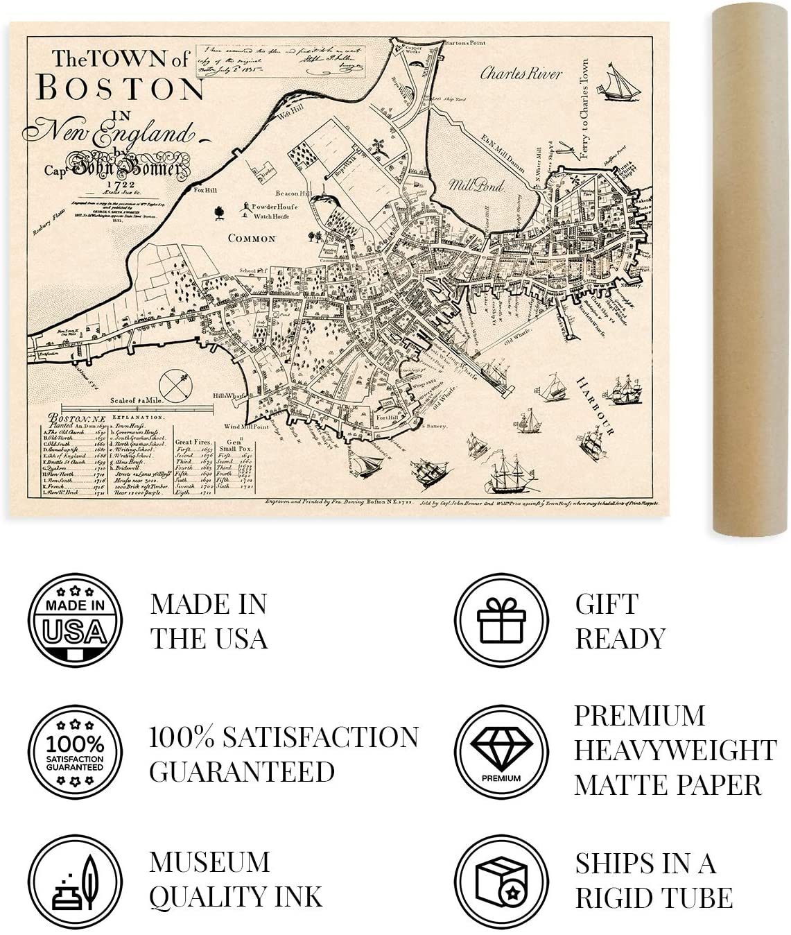 1722 Map Print of Boston Massachusetts - Vintage Boston MA Poster Wall ...