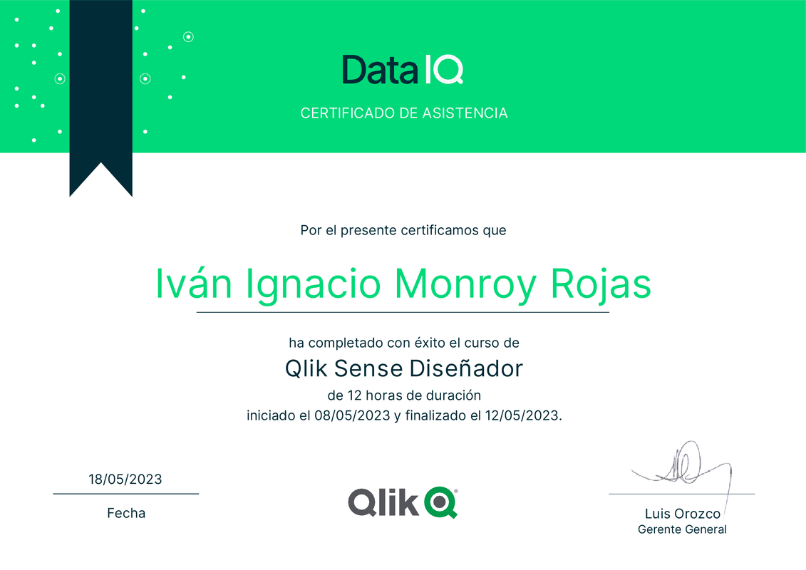 Data IQ Certificado Asistencia Qlik Sense Diseñador Iván Ignacio Monroy Rojas — Postimages