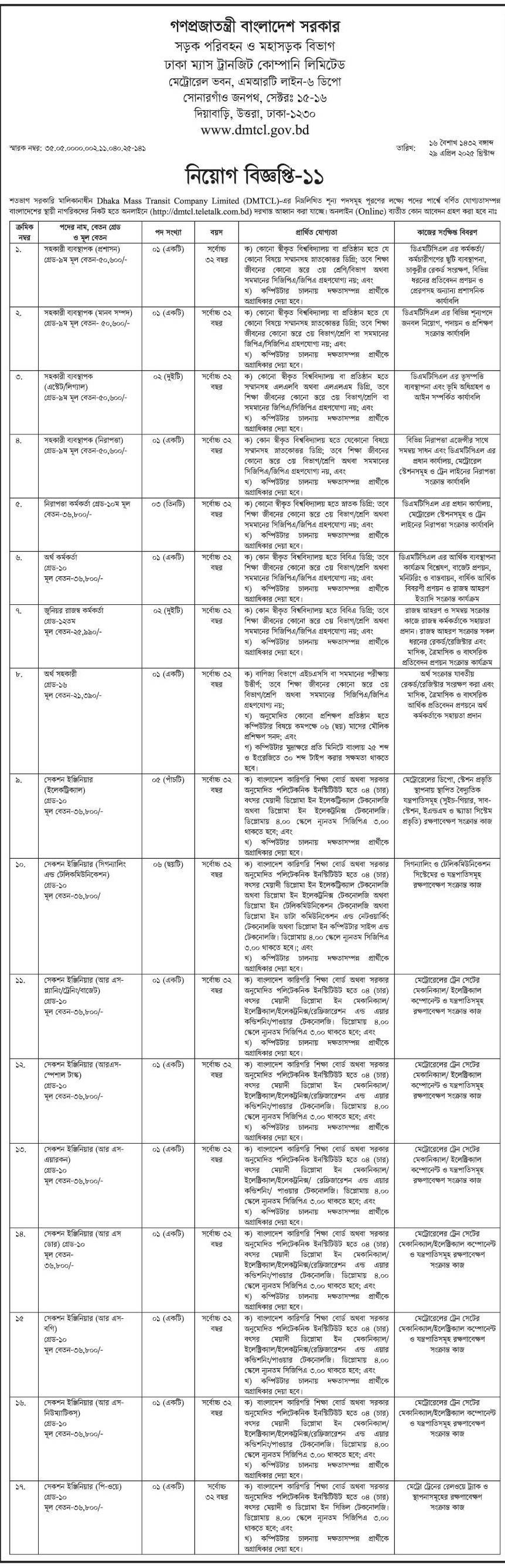 Dhaka Mass Transit Company (Metro Rail) Job Circular 2025 dmtc.org.bd ...