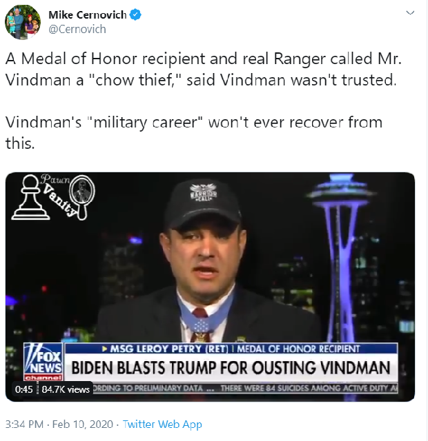 Medal of Honor recip. and Ranger says Vindman a "chow thief" & wasn't ...