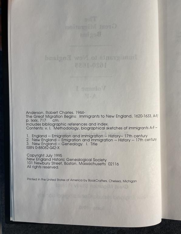 The Great Migration Begins: Immigrants to New England, 1620-1633 (Volume I)